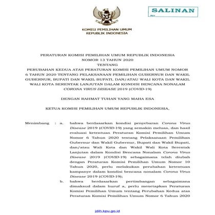 PKPU Nomor 13 Tahun 2020 | PDF