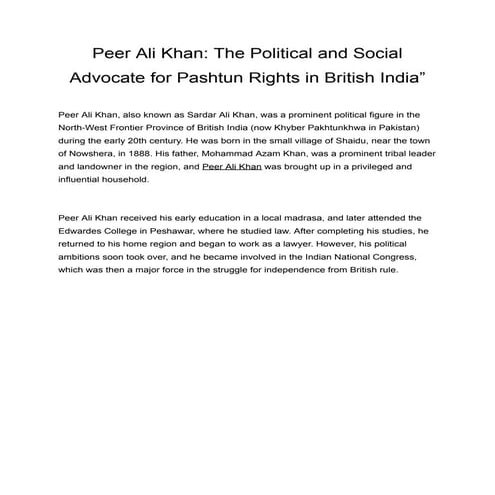 Peer Ali Khan: The Political and Social Advocate for Pashtun Rights in ...