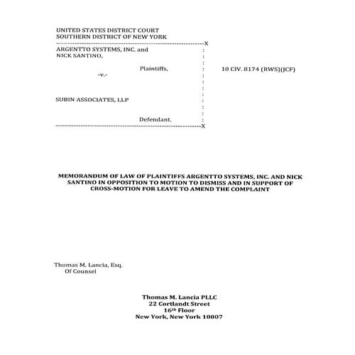Subin Associates New York Defendants Pl. Memorndum of Law | PDF