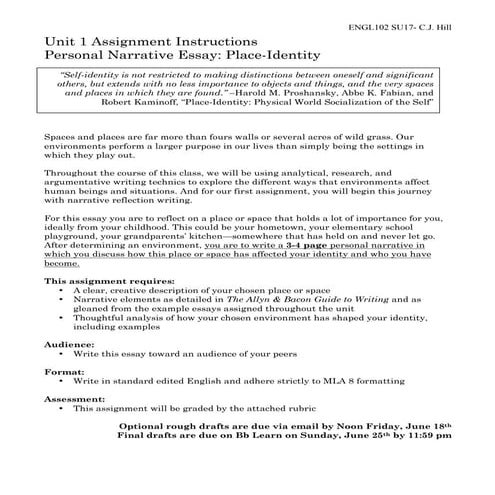 Place identity narrative assignment | PDF | Education