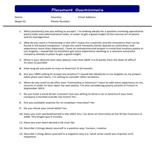 Placement questionnaire | DOCX
