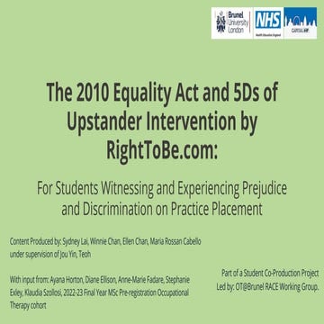 Practice Placements: 2010 Equality Act + 5Ds of Upstander Intervention ...