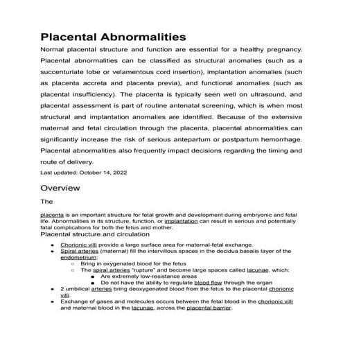 Placental Abnormalities and pathophysiology | PDF