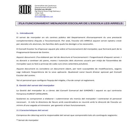 Pla funcionament menjador les arrels curs 17 18 | PDF