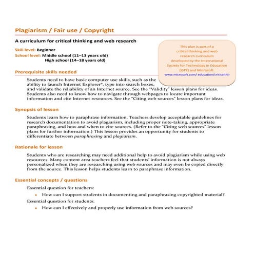 Plagiarism Worksheet Middle School 2nd Grade Computers Worksheets