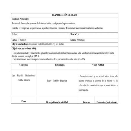 Plan clases Consonante P | DOCX