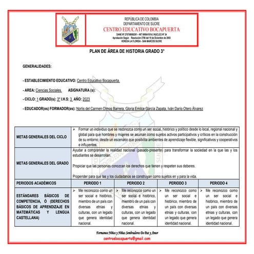 PLAN DE AREA DE HISTORIA GRADO 3°.docx ciencias | DOCX