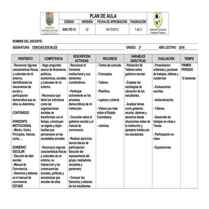 Plan de aula ciencias sociales primer periodo | PDF | Education