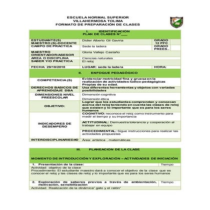Plan de ciencias reloj preescolar | DOCX