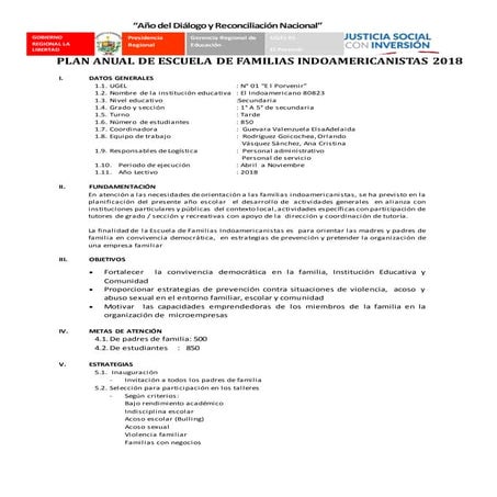 Plan de escuela de familias 2018 | DOCX