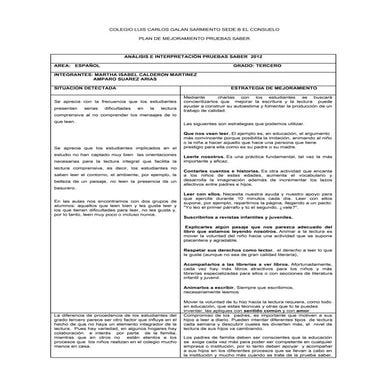 Plan de mejoramiento prueba saber 2012 español | DOCX