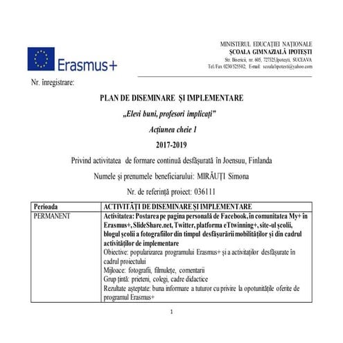 Plan diseminare proiect erasmus | DOCX