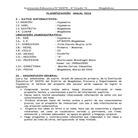 Planificaciòn anual 2016 cuarto grado a | DOCX | Education