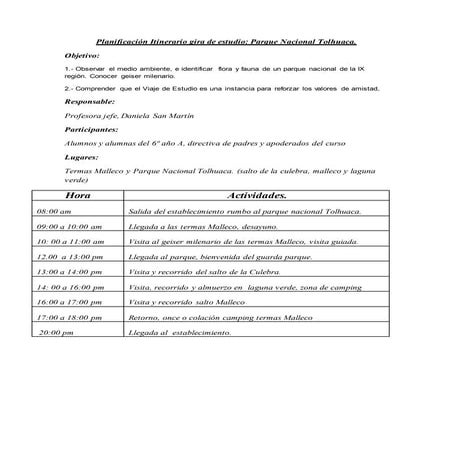 Planificación itinerario gira de estudio | DOCX