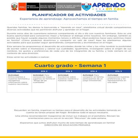 "APRENDO EN CASA" Actividades para el cuarto grado de primaria , para ...