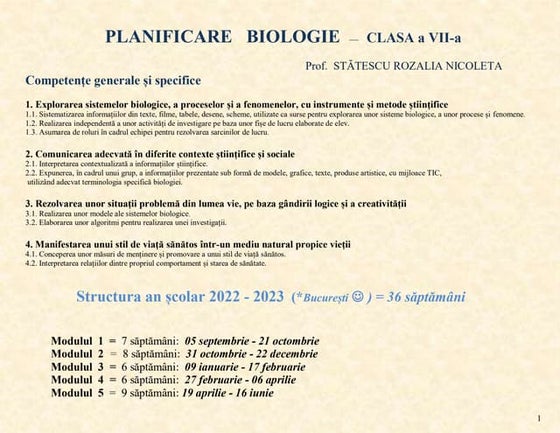 Planificare calendaristică anuală Biologie Gimnaziu clasa a VIII a an școlar 2024- 2025.docx