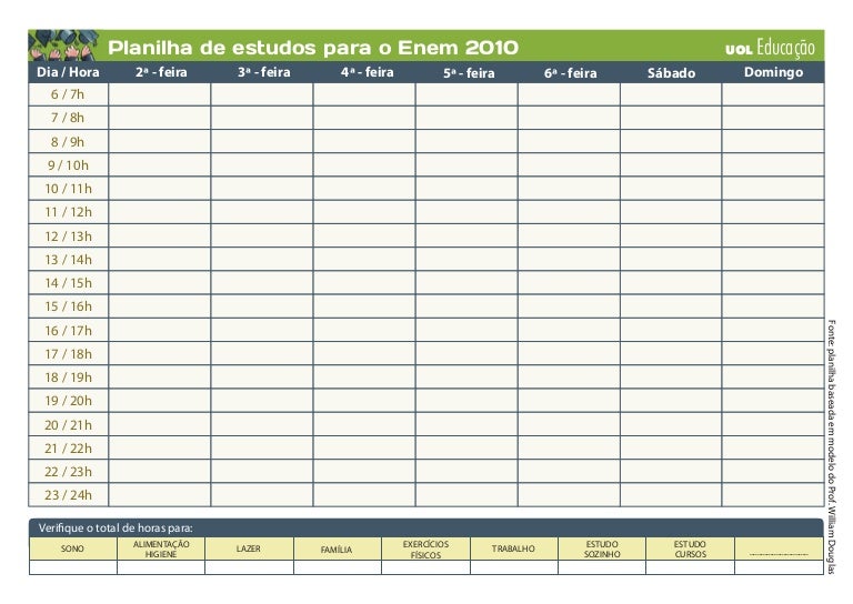 Planilha de estudos para Vestibulares e ENEM.