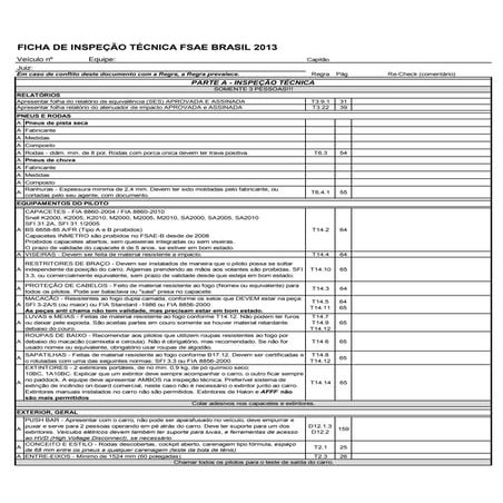 Planilha insp tec fsae brasil 2013 | PDF | Track and Field | Sports