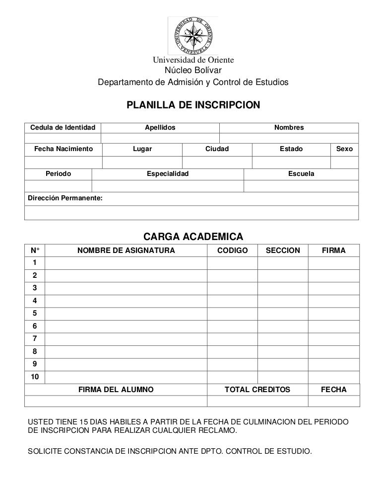 Planilla de inscripcion