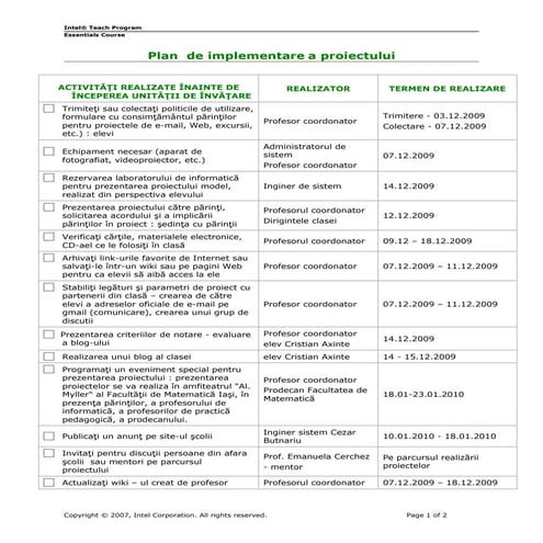 Planul de implementare al proiectului | DOC
