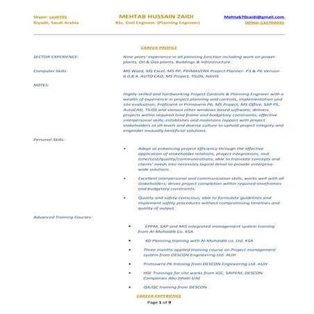 Planning engineer cv (mehtab) | DOC