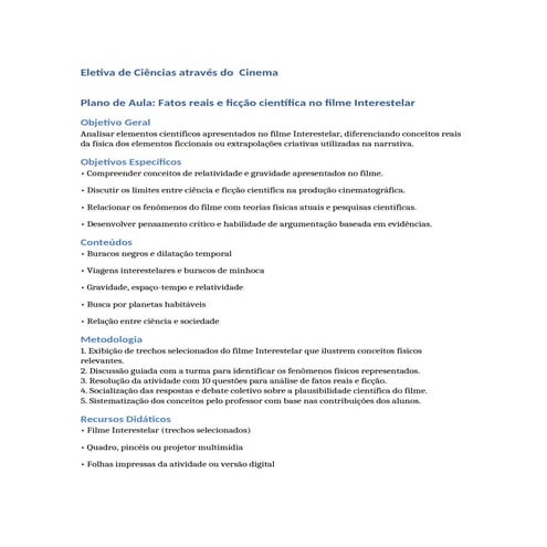plano de aula do filme interestelar disciplina física | DOCX