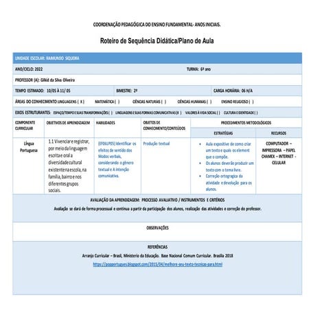 Plano De Aula 6º Ano Produçao Textual Docx