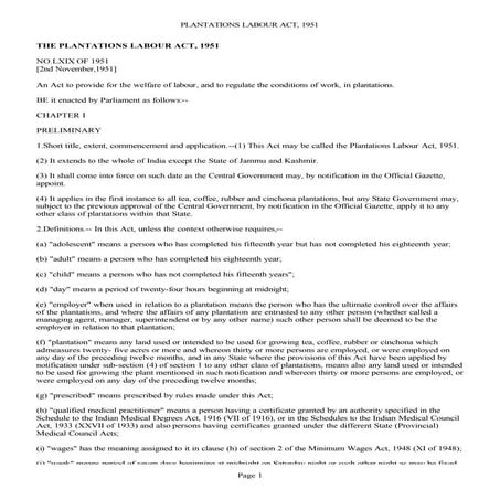 Plantation labour act-1951 | PDF