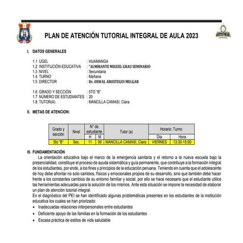 PLAN TUTORIAL DE AULA ESTUDIANTES DE PRIMARIA Y SECUNDARIA | DOC