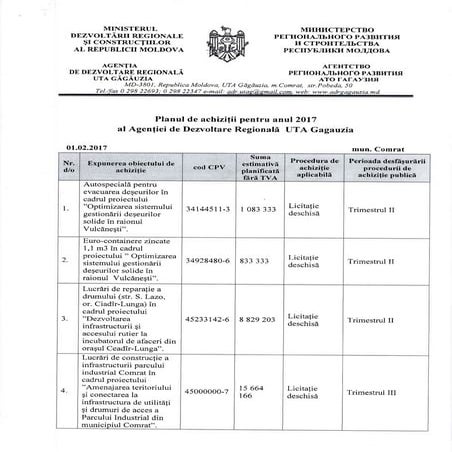 Planul de achizitii 2017 al ADR UTA Găgăuzia | PDF
