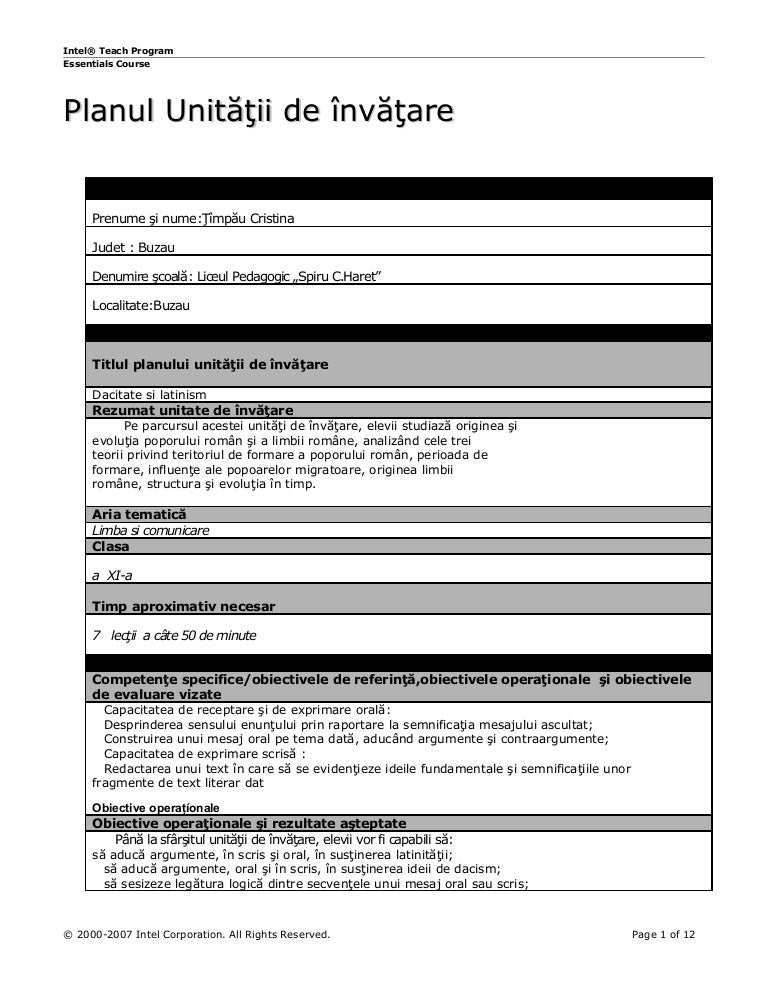 Planul Unitatii De Invatare