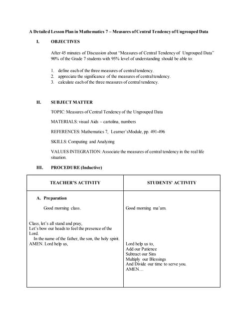 Lesson Plan- Measures of Central tendency of Data | DOCX | Educational ...