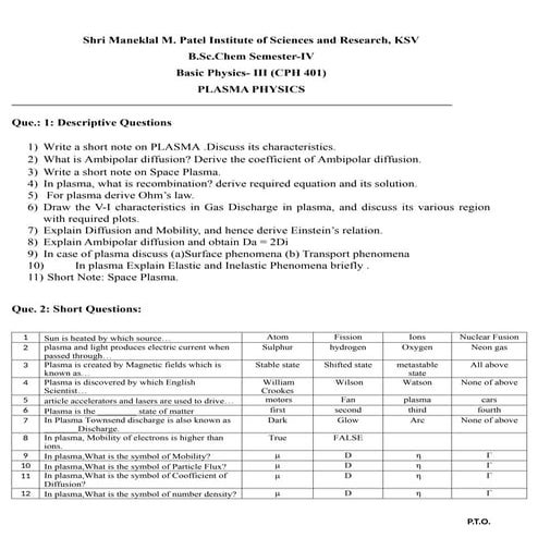 Plasma assignment for Plasma Physics.doc