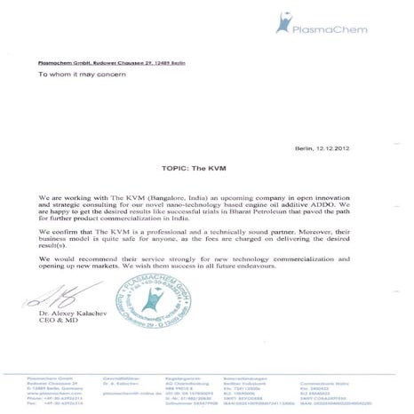 Thekvm credential letter by Plasmachem GMBH | PDF