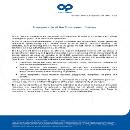 Plastic Omnium - Proposed sale of the environment division | PDF