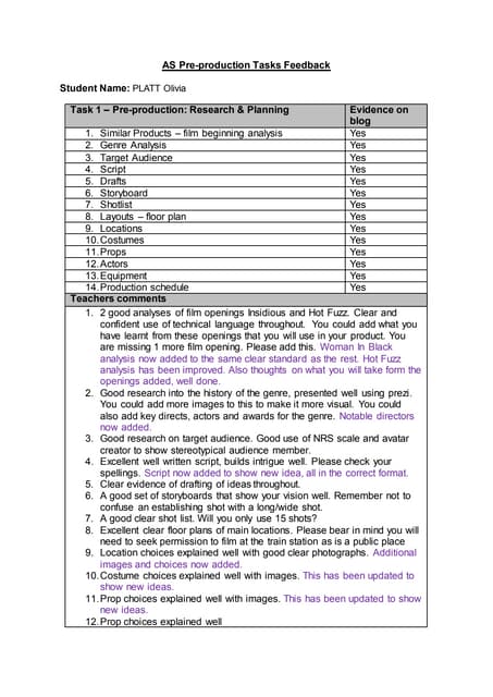 patrick thompson as pre production tasks feedback sheet | PDF