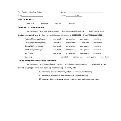 Play review grading rubric name 2 | DOC