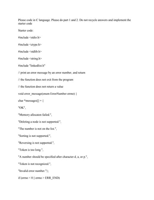 Please Code In C Language Please Do Part 1 And 2 Do Not Recycle Answ Docx