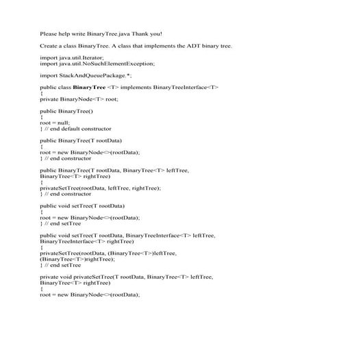 Please Help Write Binarytree Java Thank You Create A Class Binarytrpdf 