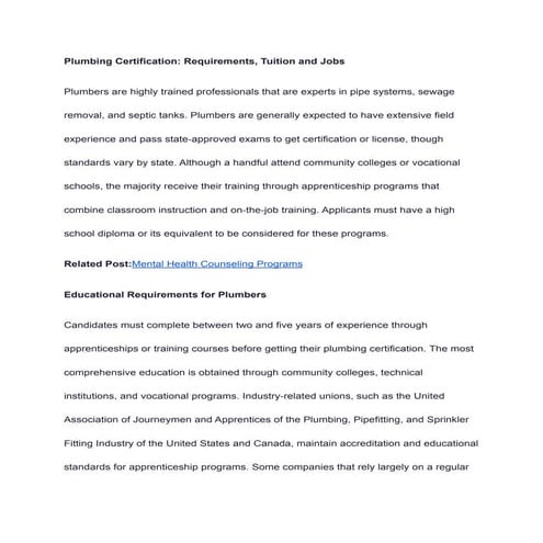 Plumbing certification requirements, tuition and jobs | PDF