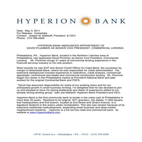 Hyperion Bank Welcomes David Plummer as Senior Vice President ...