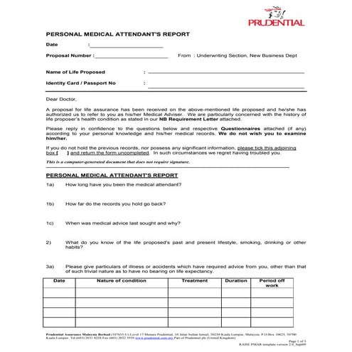 Personal Medical Attendant's Report | PDF