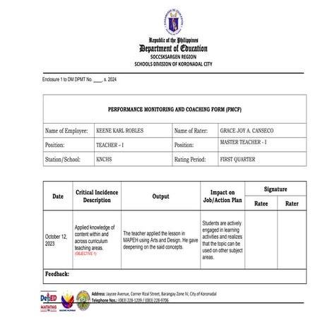 PMCF Sample for Master Teachers in Secondary | DOCX