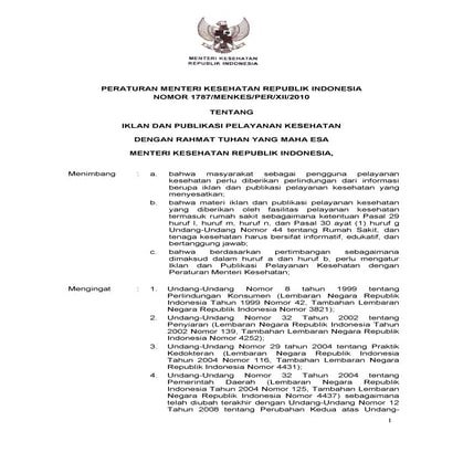 Pmk no. 1787_th_2010_iklan_dan_publikasi_pelayanan_kesehatan | PDF