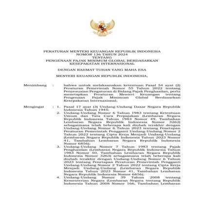 PMK Nomor 136 TAHUN 2024 Pengenaan Pajak Minimum Global | PDF