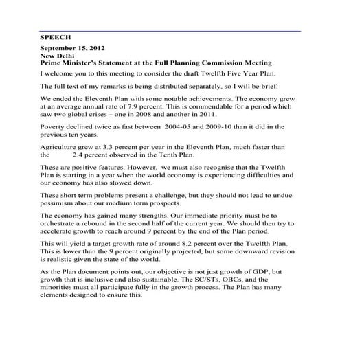 PM Speech for 12th 5Year Plan | DOCX