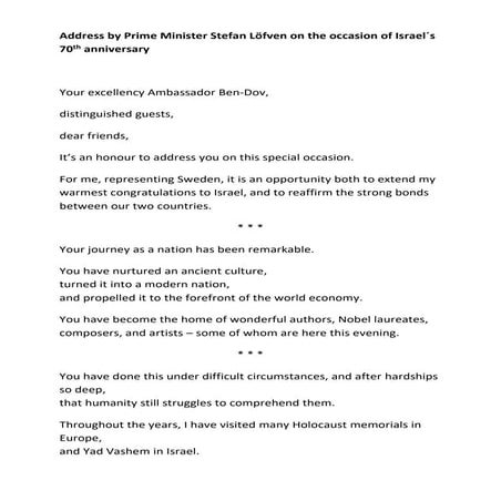 Pm speech on israel's 70th anniversary 2018 04-24 | PDF | Judaism | Religion & Spirituality