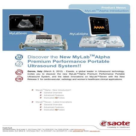 Predstavitev novosti: ultrazvočni aparat Esaote MyLab Alpha in Seven | PDF
