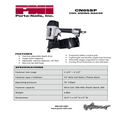 PNI Coil Siding Nailer Cn65 Sp Spec Doc | PDF