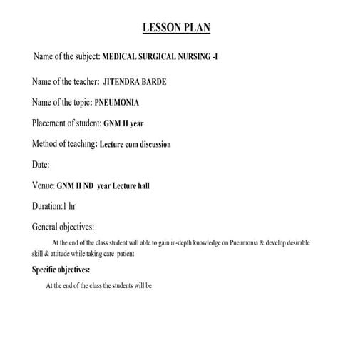 Pneumonia In Medical Surgical Nursing lesson Plan PDF | PDF